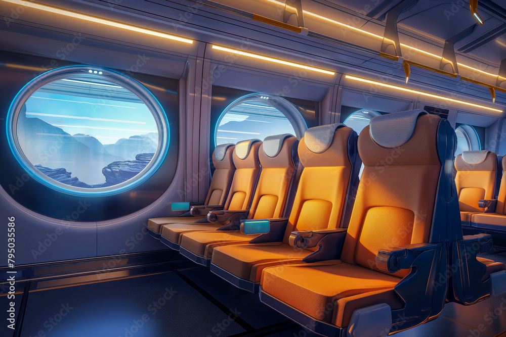 Interior design of a futuristic train, seats next to the window in a ...