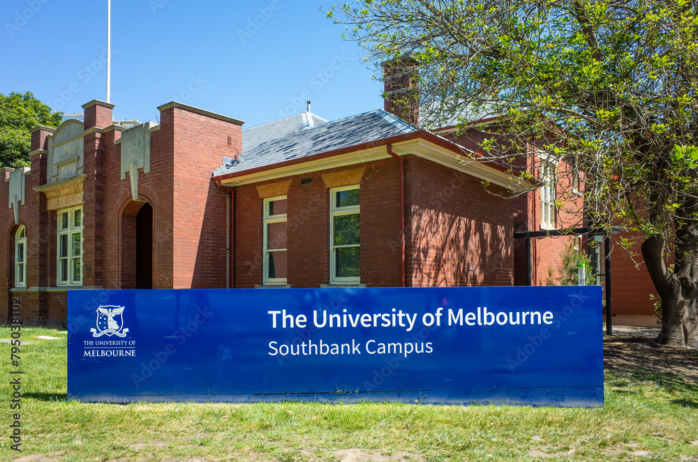 Melbourne, VIC Australia: Sign of the University of Melbourne Southbank Campus. The campus is ...