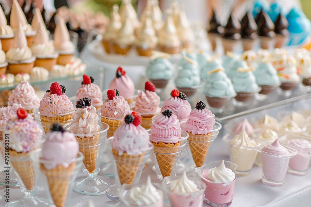 Elegant dessert table at a party featuring an array of frozen treats, including mini ice cream ...