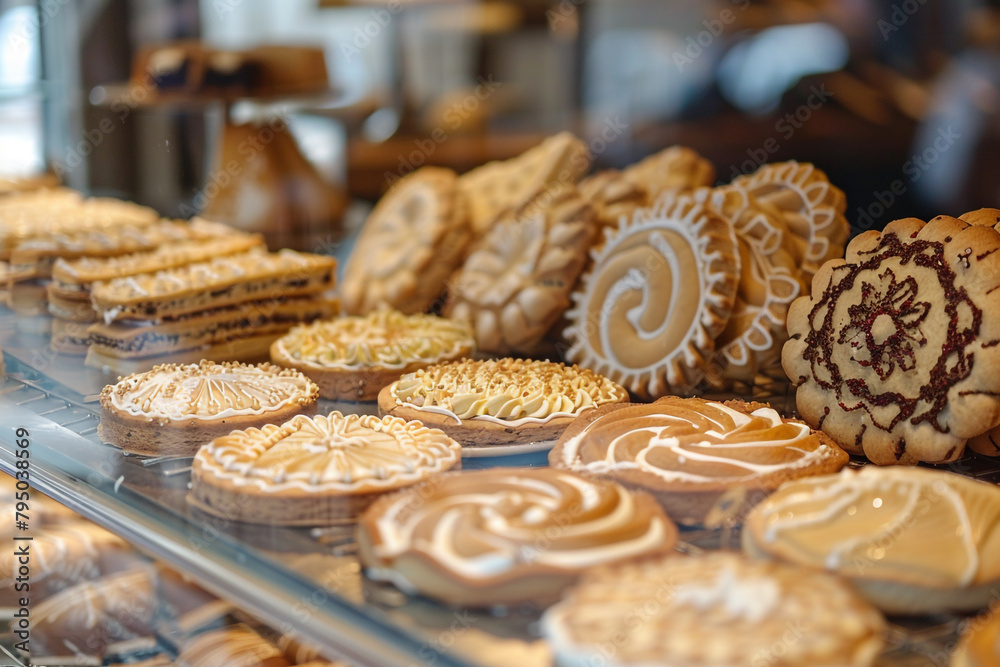 Elegant display of gourmet biscuits and shortbread in a chic bakery ...