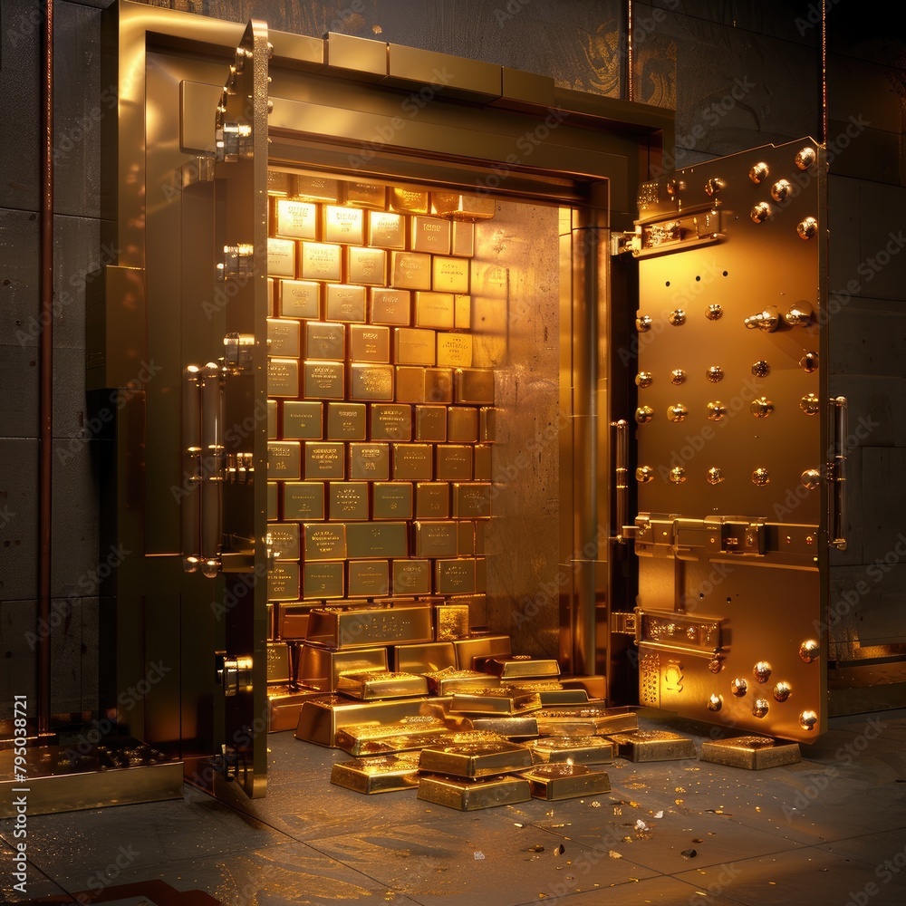 3D gold vault door opening to reveal stacks of gold bars Stock ...