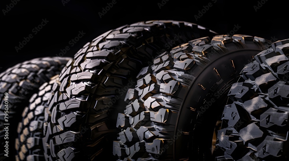 off-road tires and tires for crossovers and SUVs stand in a row on a ...