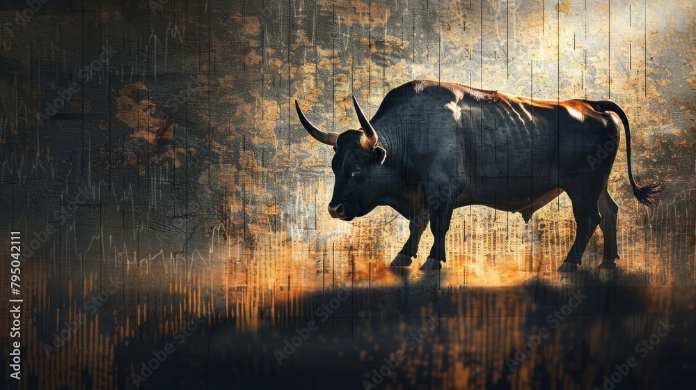 A dark bull is walking through a field of tall grass. The sun is ...