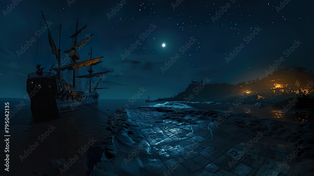 Adventure, Map, Ancient treasure hunt, A pirate ship in the night ...