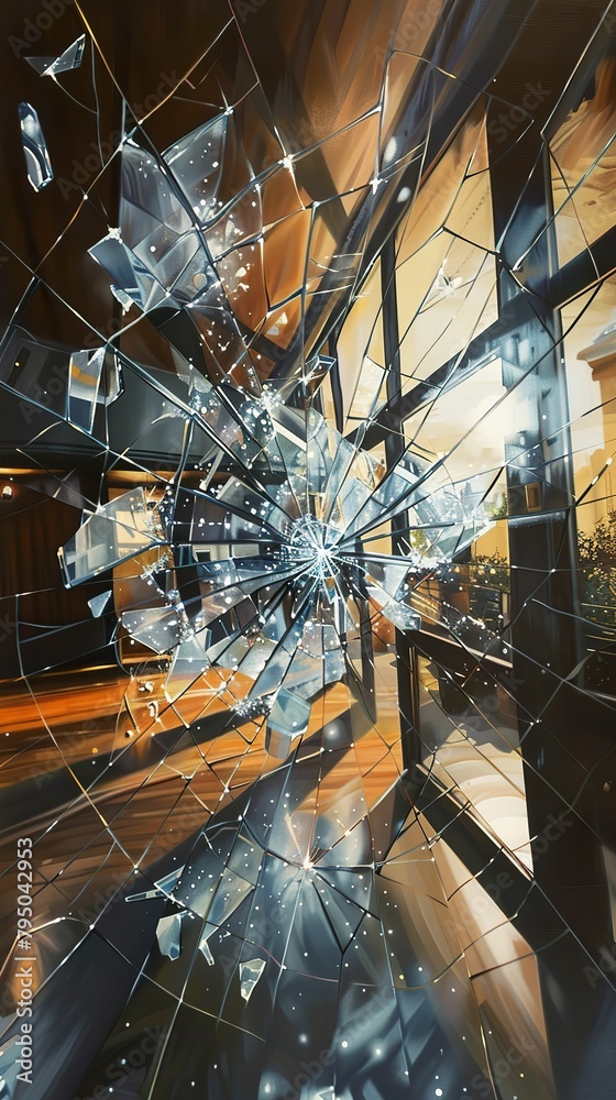 Distorted mirror, shattered glass, empty room with flickering light ...
