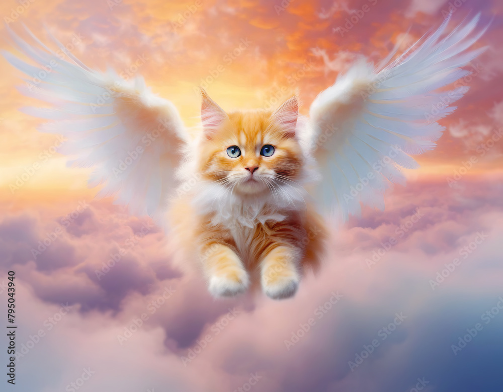 Little orange winged kitten flying above the clouds. Cute cat with ...