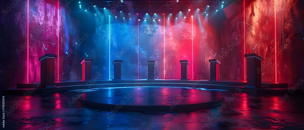 Elaborate game show set with podiums buzzers and audience for ...