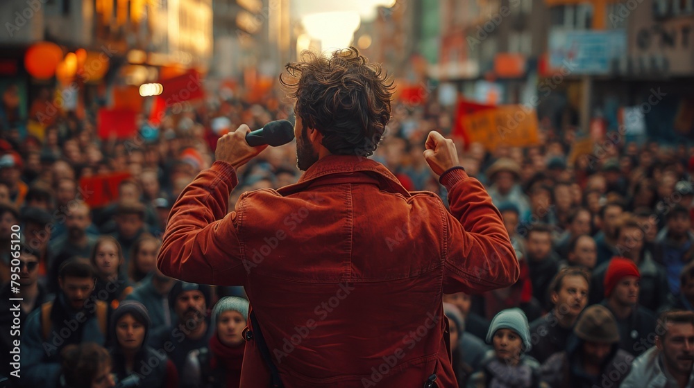 A passionate speaker addressing a large crowd at a political protest ...