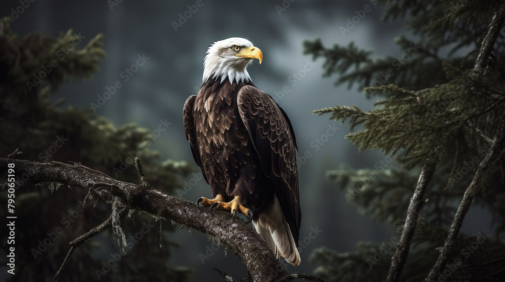 /imagine A majestic bald eagle perched atop a tall tree, its keen eyes ...