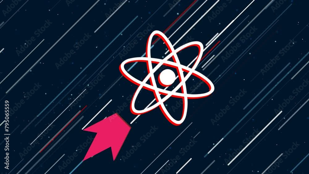 Atomic symbol flies through the universe on a jet propulsion. The ...