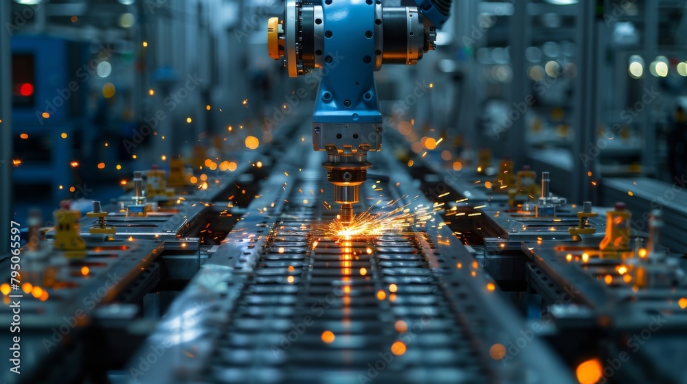 A close-up of a robotic arm precision welding EV car frames, showcasing ...