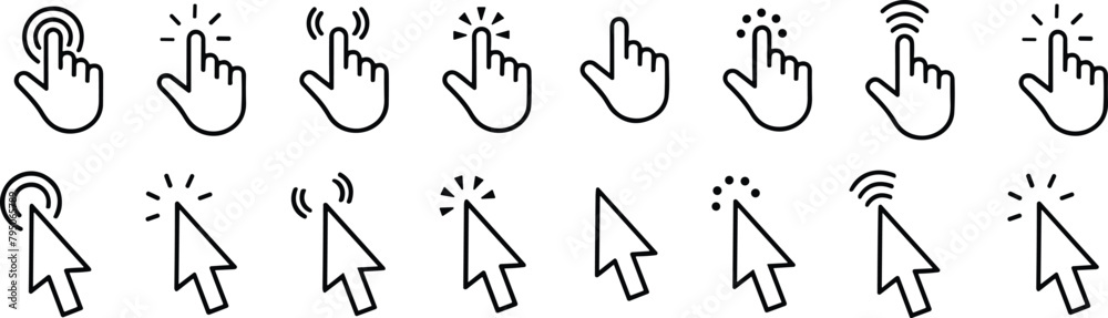 Computer line mouse click cursor arrow icons set and loading icons ...