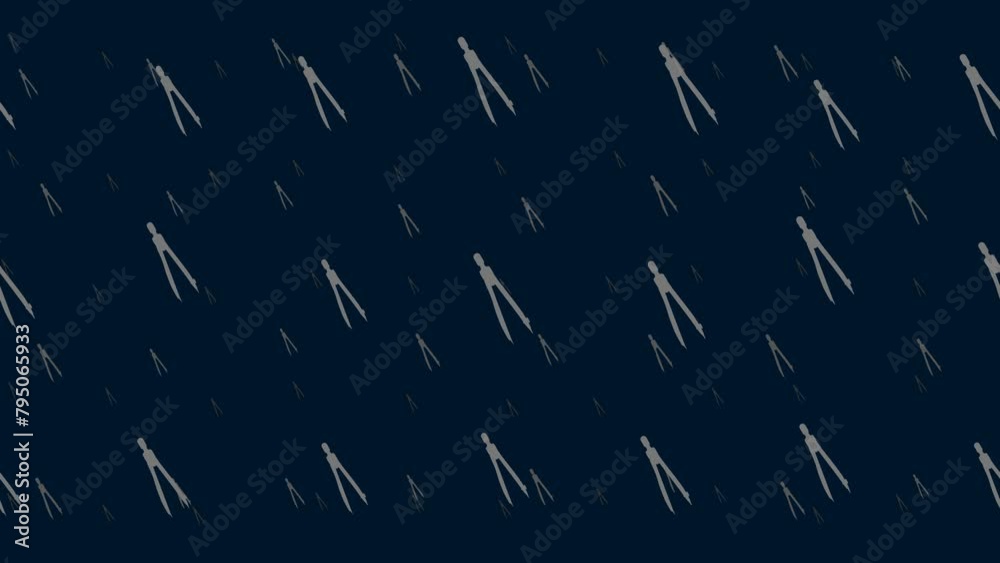 Compass dividers float horizontally from left to right. Parallax fly effect. Floating symbols ...