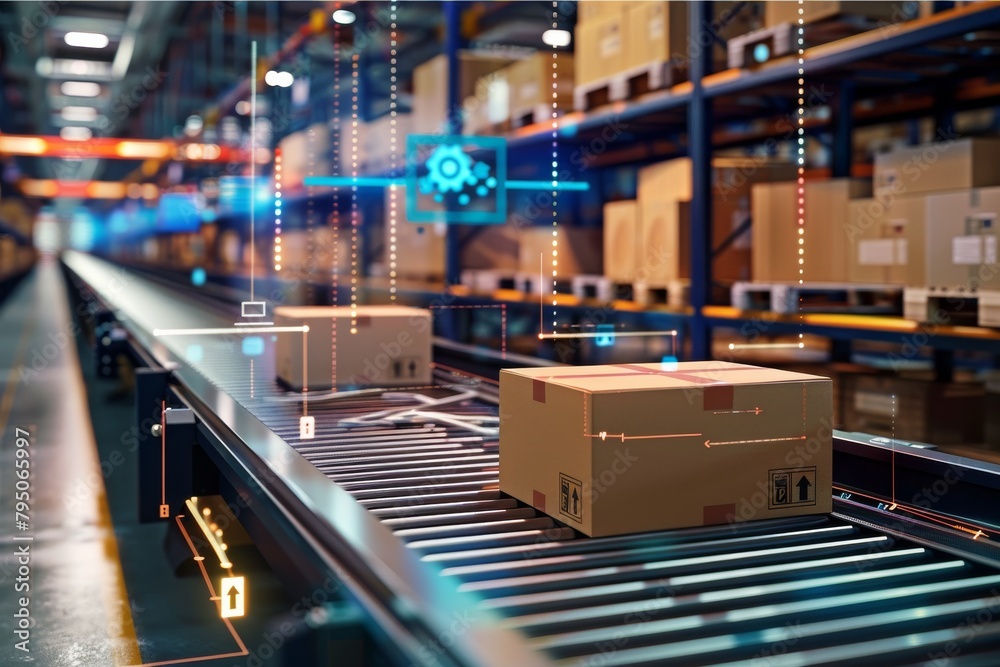 Automated warehouse with cardboard boxes on conveyor belts and digital ...