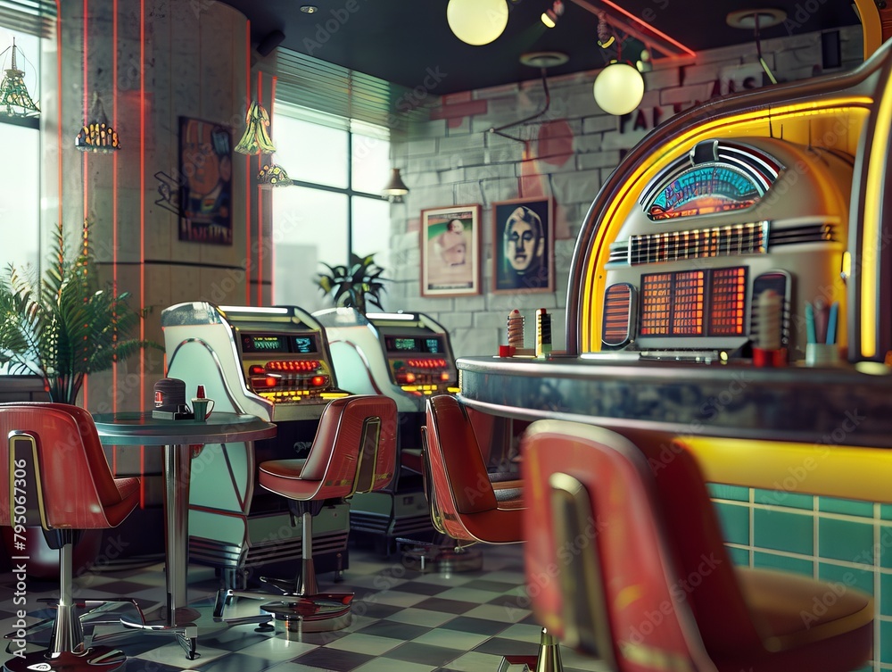 An old-fashioned diner with red vinyl chairs and booths, a black and ...