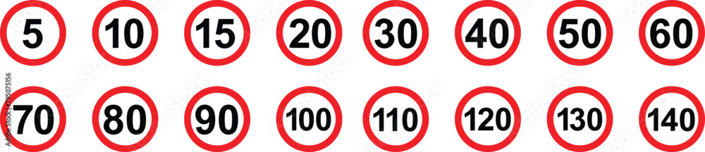 Road Speed Limit Sign Set. Set of generic speed limit signs with black ...