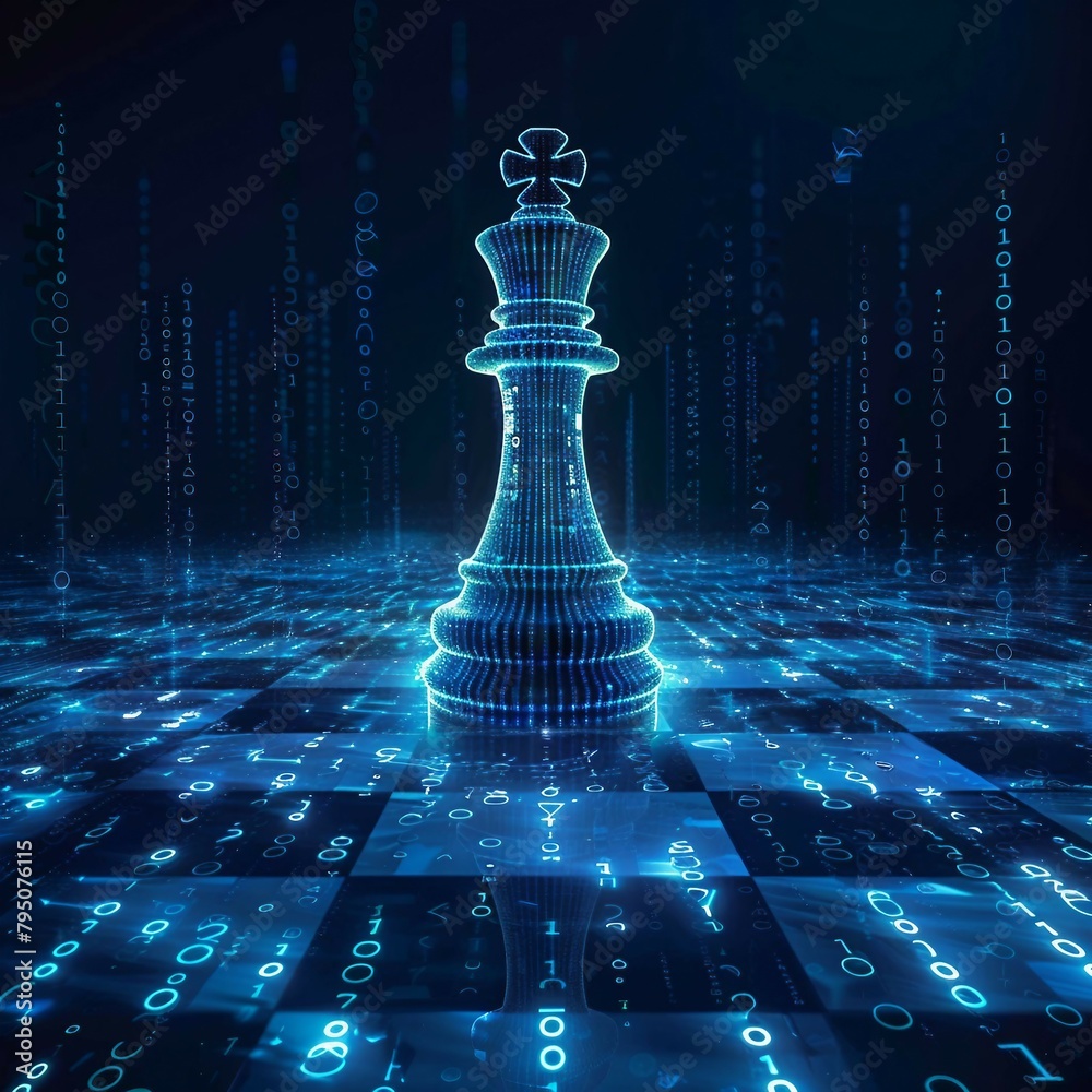 digital king chess piece with binary code element, symbolizing strategic leadership in business ...