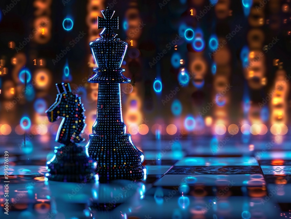 digital king chess piece with binary code element, symbolizing strategic leadership in business ...