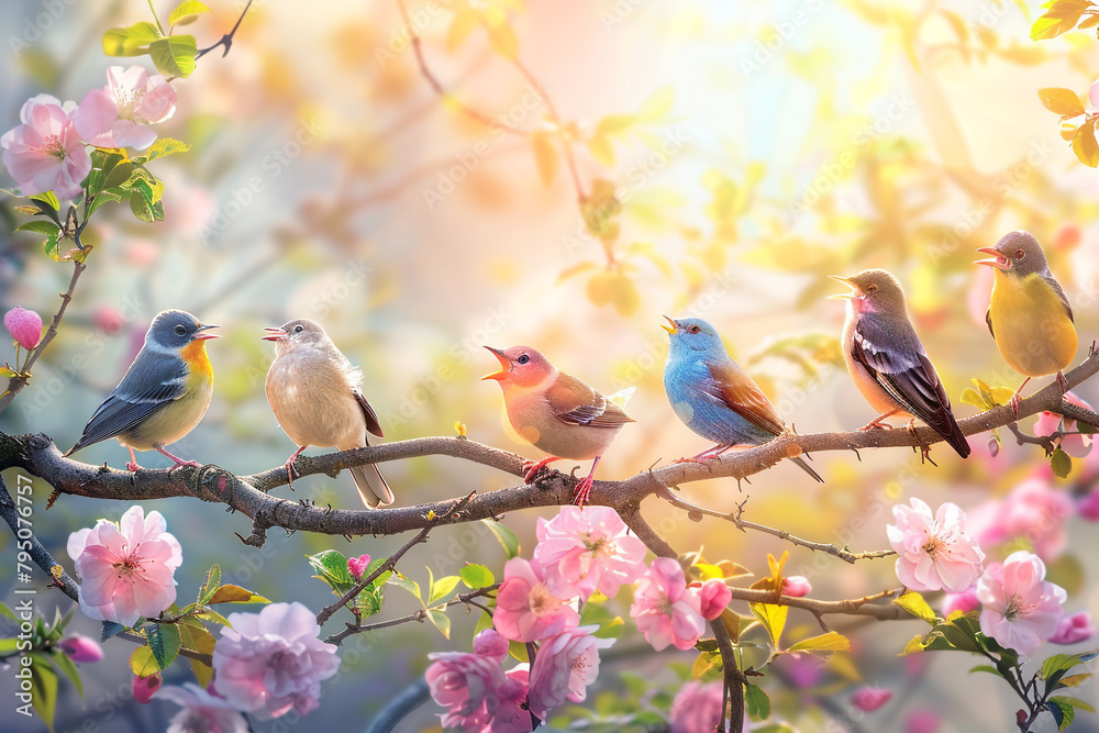 Flock of birds are singing happily on the branches of a tree with ...