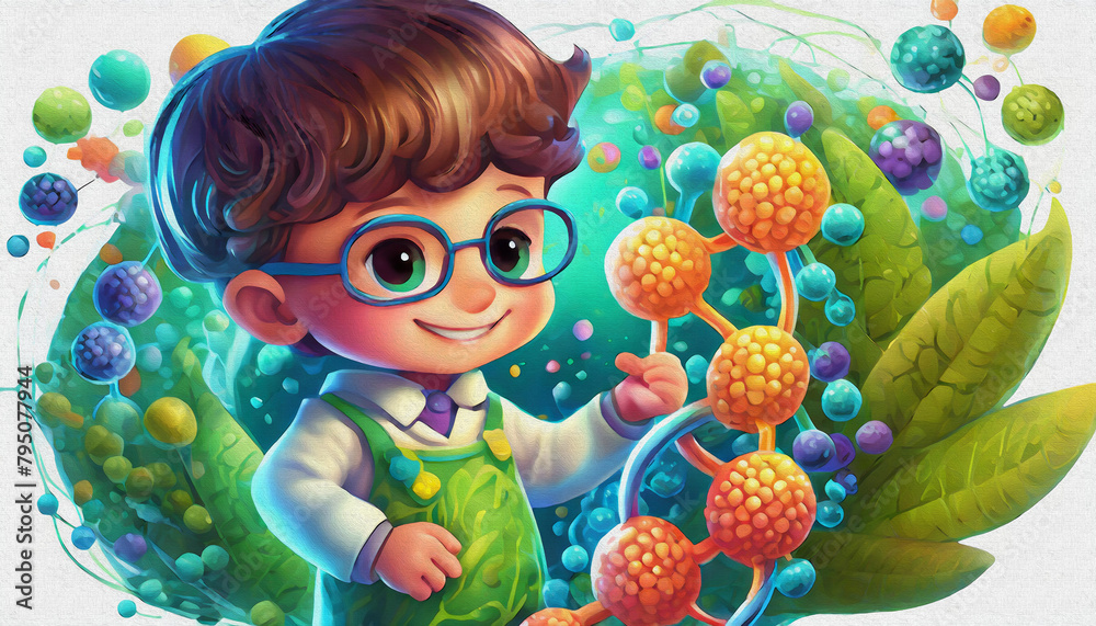 oil painting style cartoon character cute baby boy molecular biologist ...