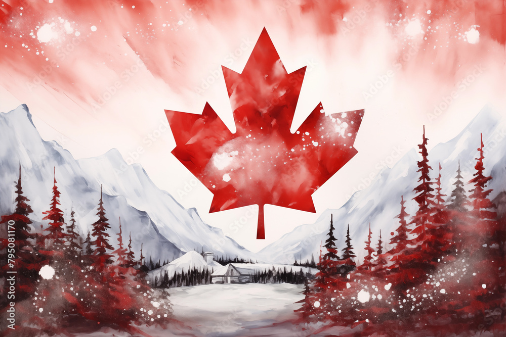 Painting of the Canadian flag with a red field on top and white field ...