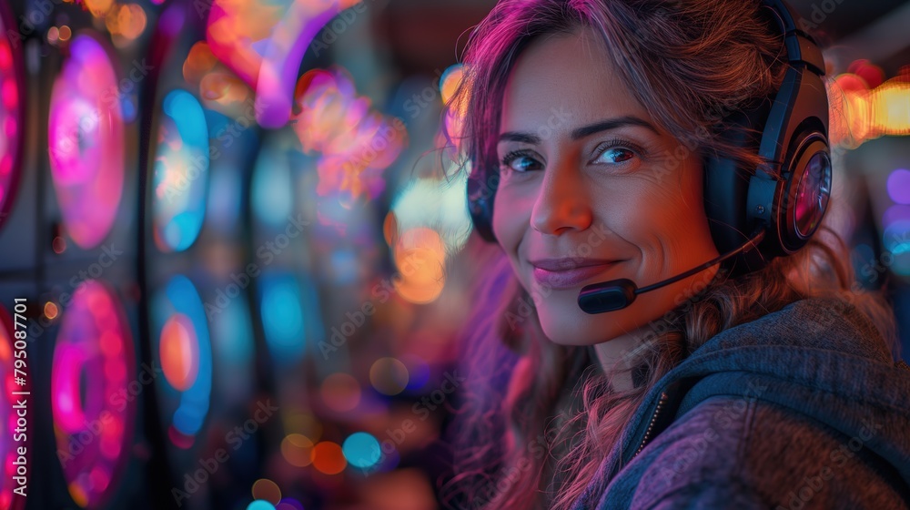 happy gamer girl wearing headset in room with bokeh light, online ...