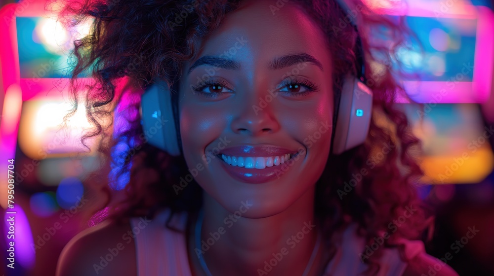 happy gamer girl wearing headset in room with bokeh light, online ...