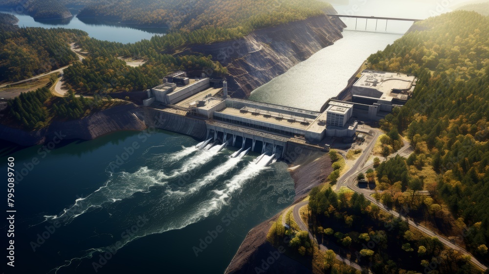 An aerial photo of a hydroelectric dam, showing the reservoir and power ...