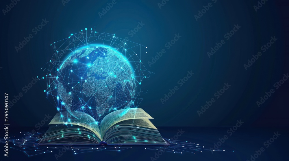 Globe low poly wireframe on blue neon color with open book. Global education concept background ...