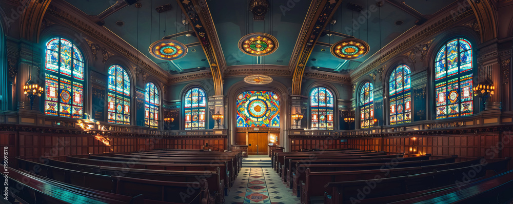 The interior of a majestic Masonic lodge adorned with stained glass ...