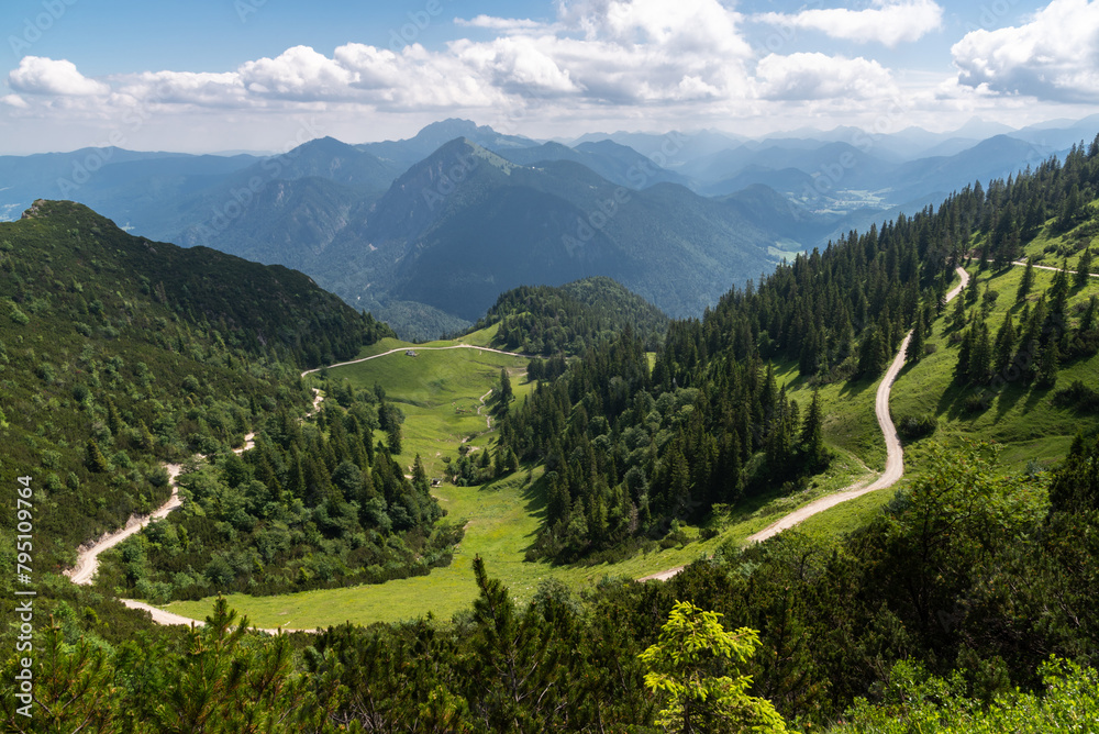High up view over Herzogstand Mountain hiking trails in Bavaria Stock ...