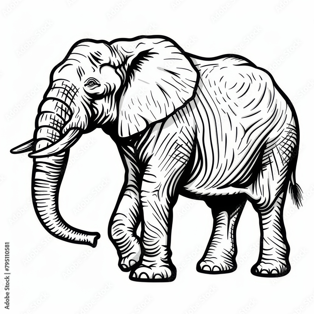 Artistic black and white illustration of an elephant with detailed ...