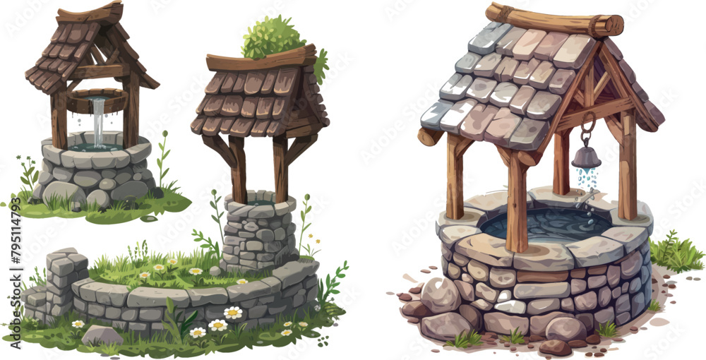 Cartoon water wells. Wood and stone old rural well in village garden ...