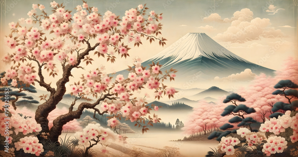 Fuji Mountain Sakura Blossom Vintage Traditional Japanese Drawing Arts ...