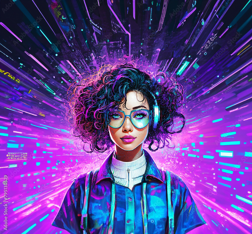 Beautiful Realistic Futuristic Brunette Woman with Curly Hair Neon ...