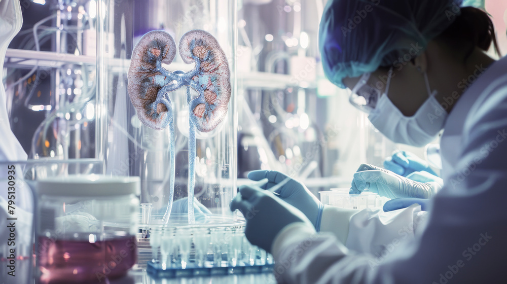 Scientist examining kidney structure using model organ in scientific ...