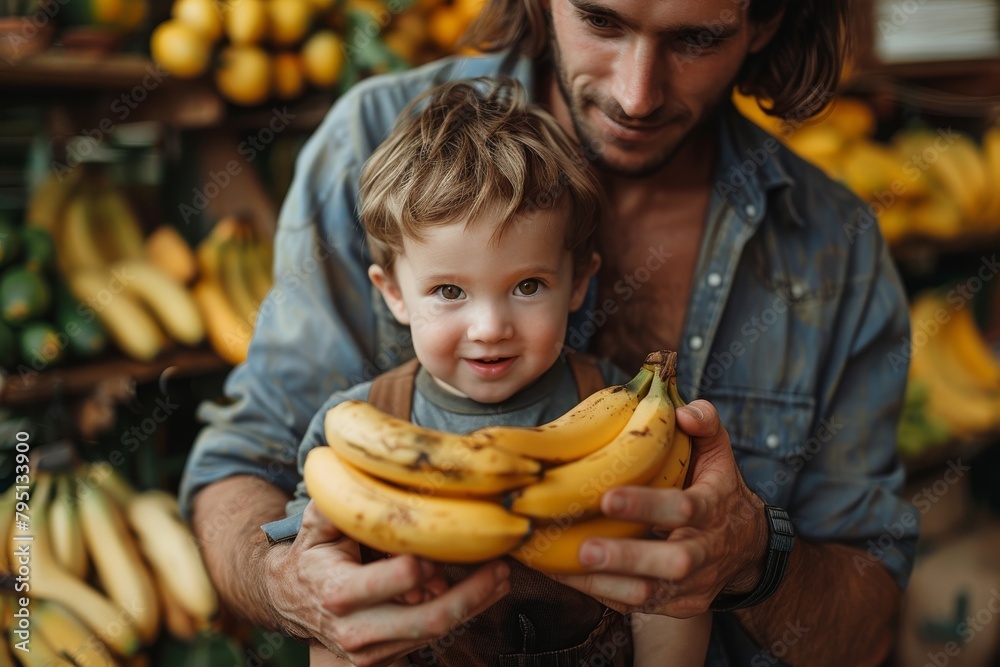 A tender moment as a father holding bananas shares a smile with his son ...