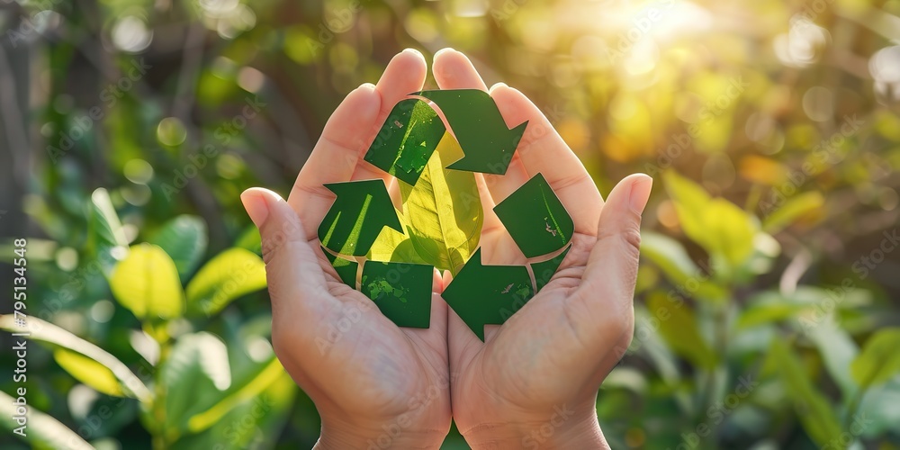Hands holding green reduce reuse recycle symbol made from leaves on ...