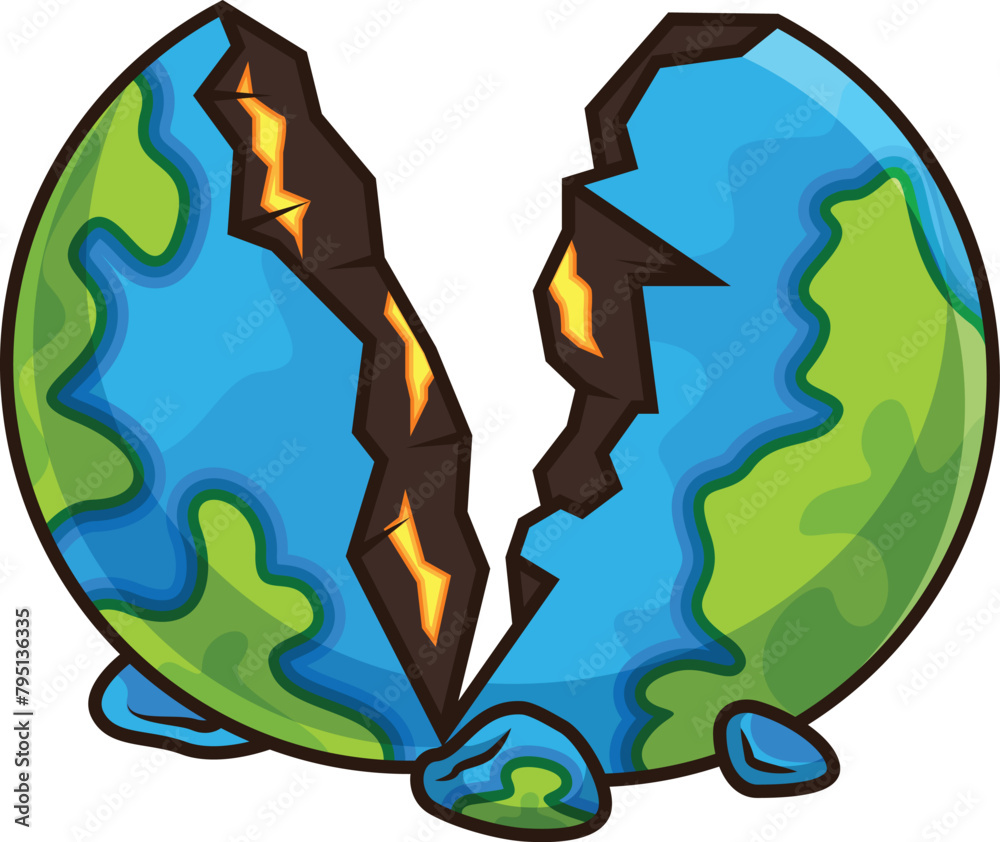 Vetor de Cartoon shattered earth cut in half vector illustration do ...