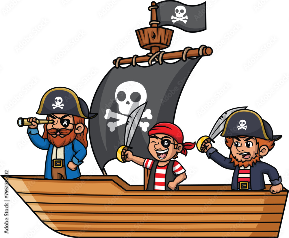 Cartoon pirate crew aboard a ship with black sails vector illustration ...