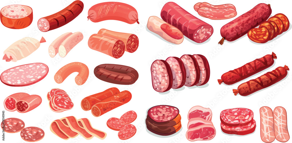 Cartoon delicatessen sausages. Pork sausage chorizo or ham shopping ...