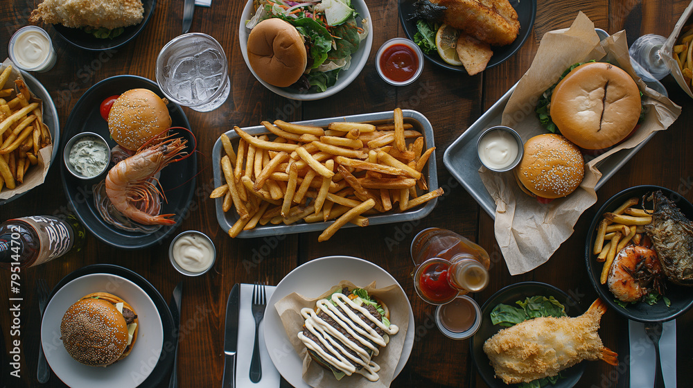 Overhead view of a banquet table filled with a mix of fast food ...