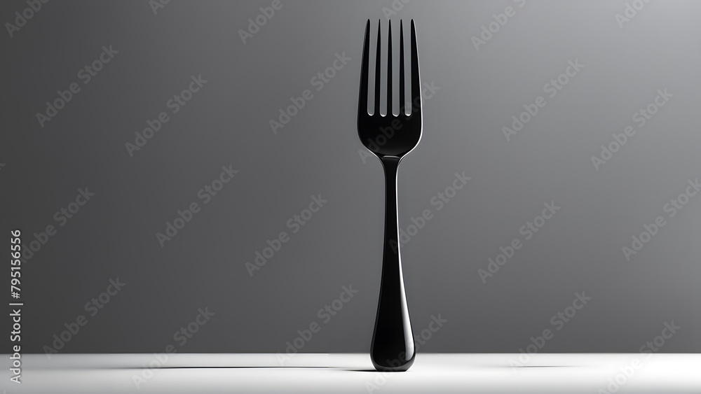 A fork is on a table. The fork is black monochromatic color scheme ...