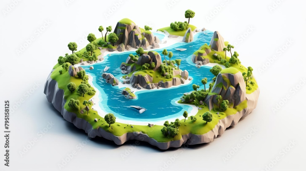 Isometric mockup of a small, lush island, presented from a frontend ...
