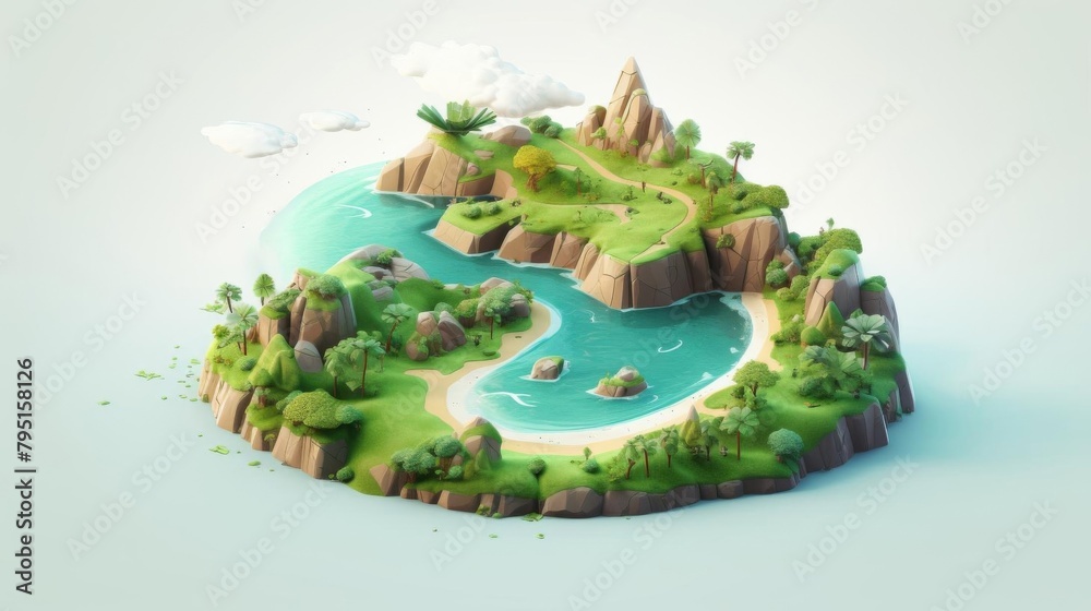 Isometric mockup of a small, lush island, presented from a frontend ...