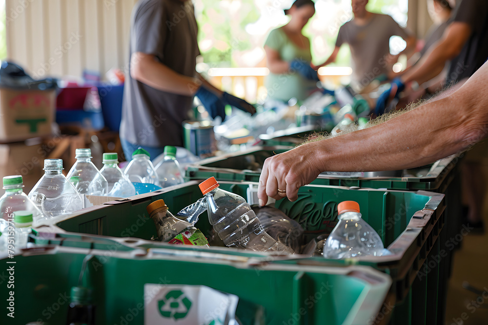 People sorting recyclables at a community center, with clear labels for ...