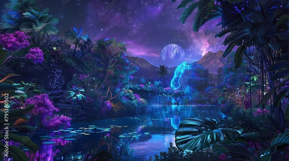 A 3D rendered bioluminescent jungle oasis on an alien planet features a ...