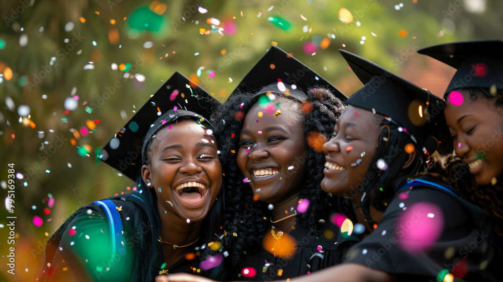 Happy young afro-american grad women are smiling celebrating graduation ...
