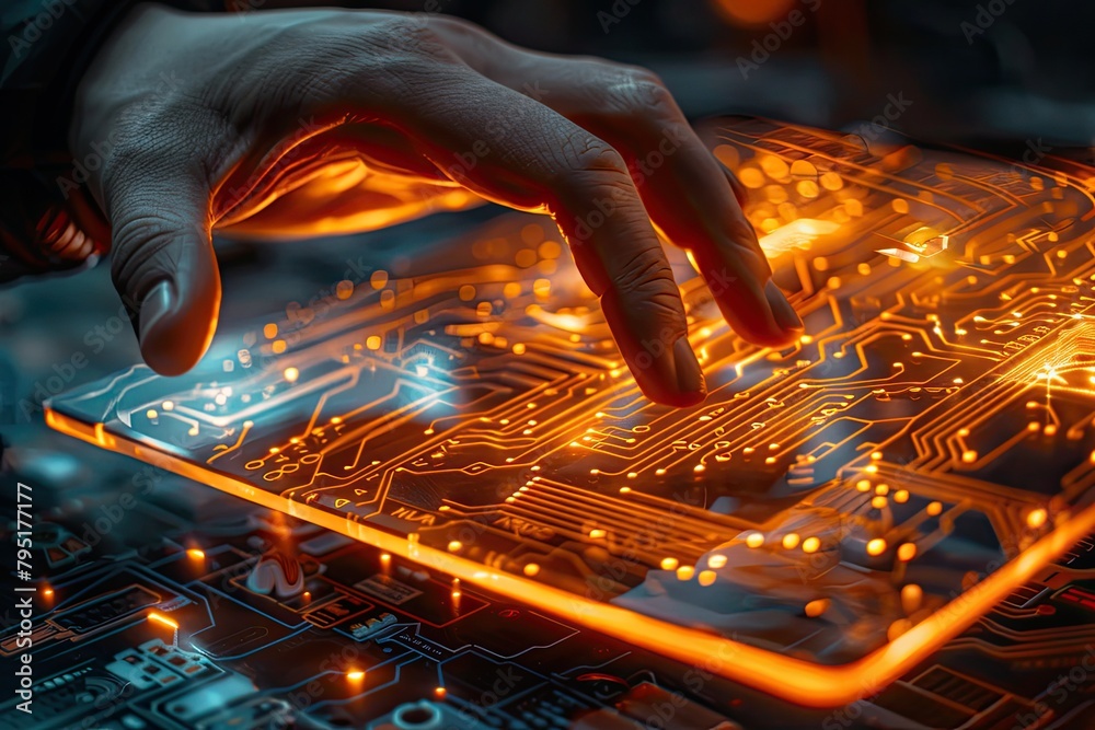 A hand is touching a glowing circuit board. Concept of curiosity and ...