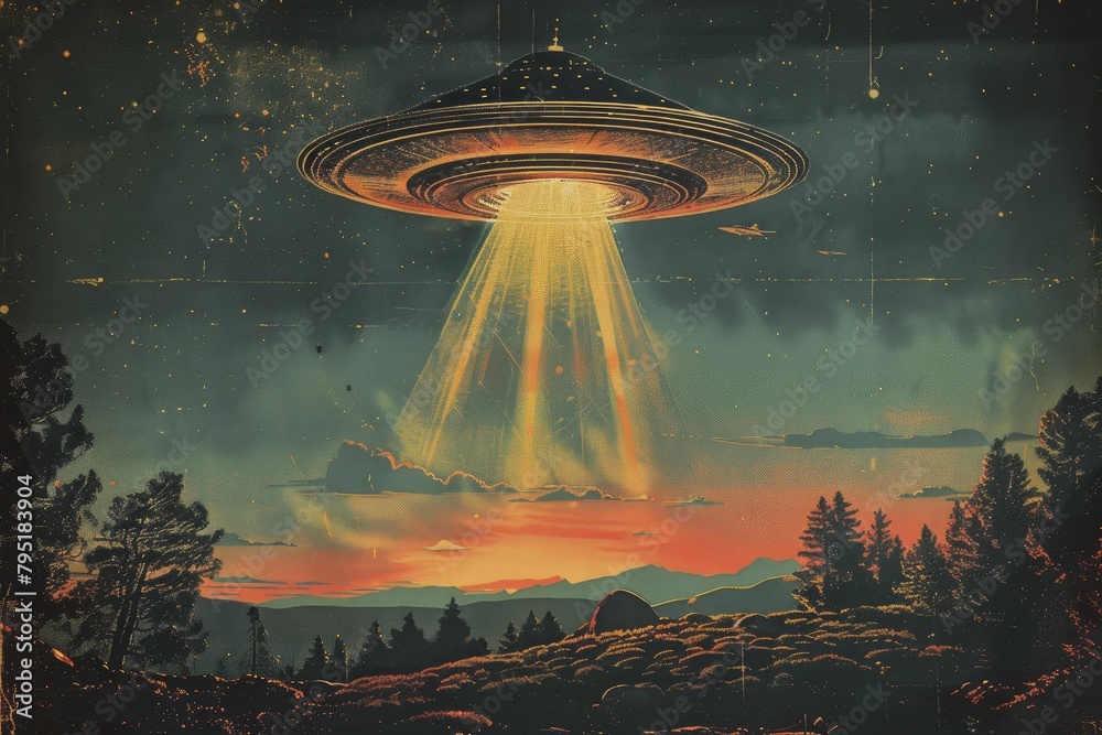 Retro poster of an iconic UFO sighting event, stylized like a 1950s ...